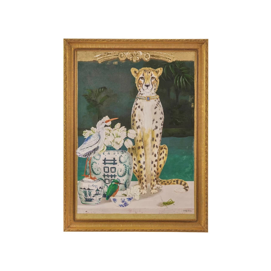 Wood Framed Canvas Wall Decor w/Cheetah & Urn Image, Antique Gold Fini ...